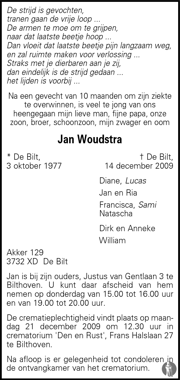 Jan Woudstra 14-12-2009 overlijdensbericht en condoleances - Mensenlinq.nl