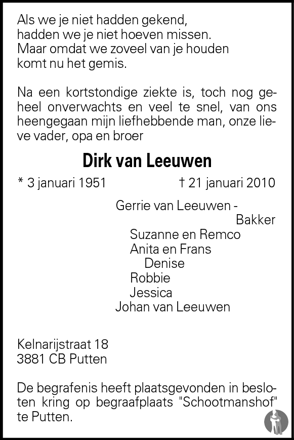 Dirk van Leeuwen 21-01-2010 overlijdensbericht en condoleances ...