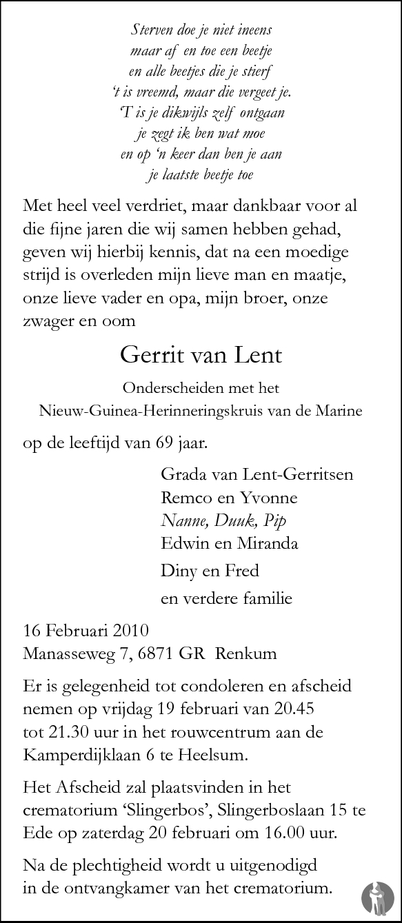 Gerrit van Lent 16-02-2010 overlijdensbericht en condoleances ...