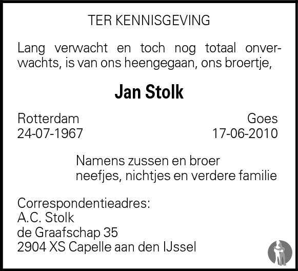 Jan Stolk 17-06-2010 overlijdensbericht en condoleances - Mensenlinq.nl