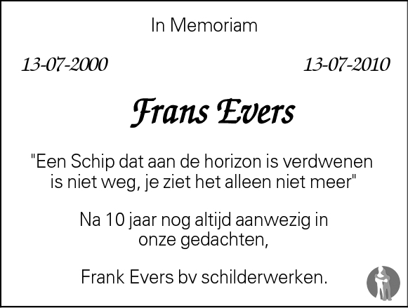 Frans Evers 13-07-2010 overlijdensbericht en condoleances - Mensenlinq.nl