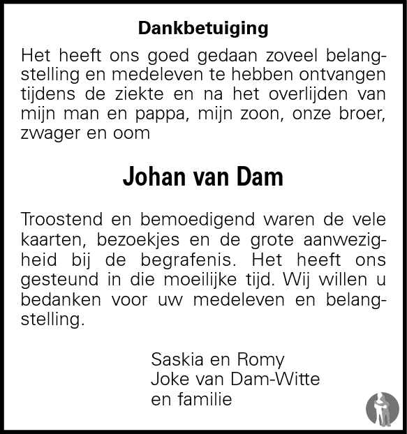 Johan van Dam 18-08-2010 overlijdensbericht en condoleances - Mensenlinq.nl