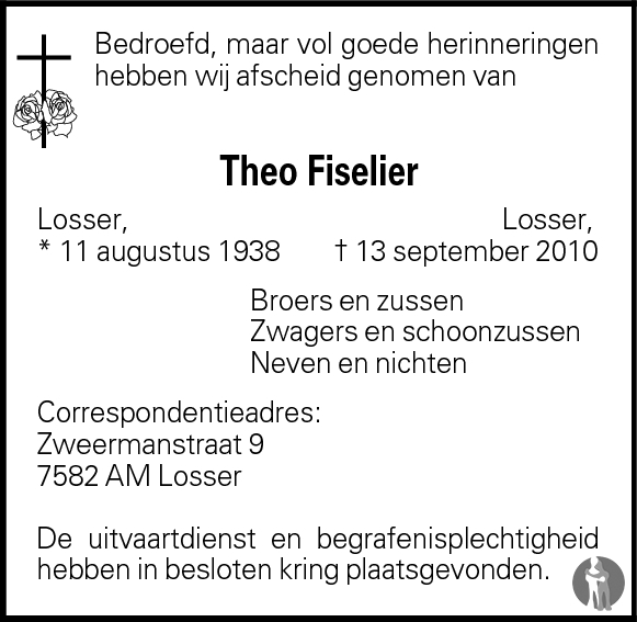 Theo Fiselier 13-09-2010 overlijdensbericht en condoleances - Mensenlinq.nl