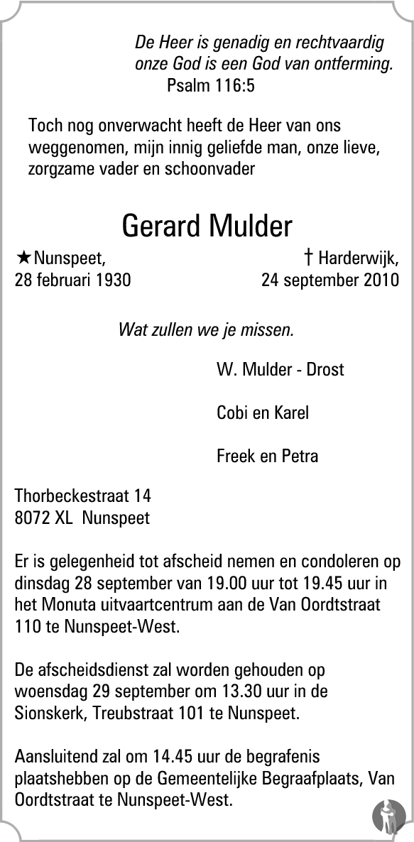 Gerard Mulder 24-09-2010 overlijdensbericht en condoleances - Mensenlinq.nl