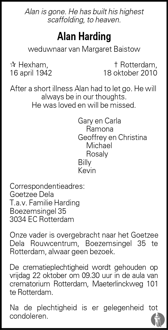Alan Harding 18-10-2010 overlijdensbericht en condoleances - Mensenlinq.nl