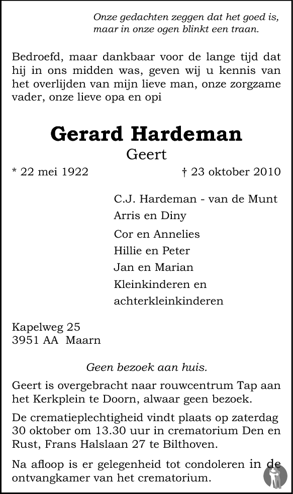 Gerard (Geert) Hardeman 23-10-2010 overlijdensbericht en condoleances ...