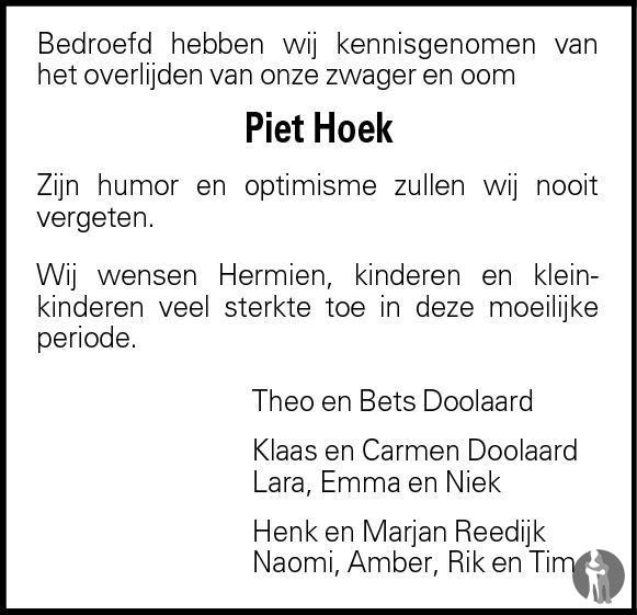 Piet Hoek 02-11-2010 overlijdensbericht en condoleances - Mensenlinq.nl