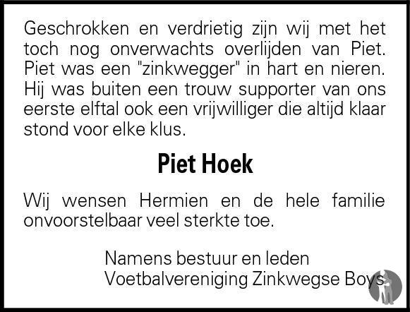 Piet Hoek 02-11-2010 overlijdensbericht en condoleances - Mensenlinq.nl
