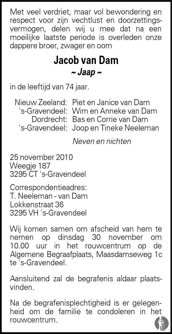 Jacob (Jaap) van Dam 25-11-2010 overlijdensbericht en condoleances ...