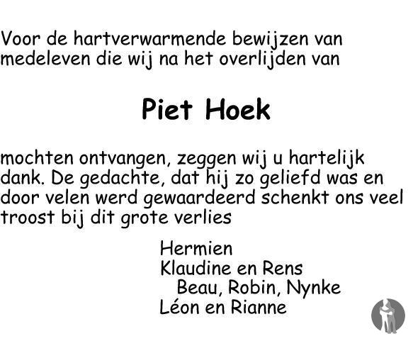 Piet Hoek 02-11-2010 overlijdensbericht en condoleances - Mensenlinq.nl