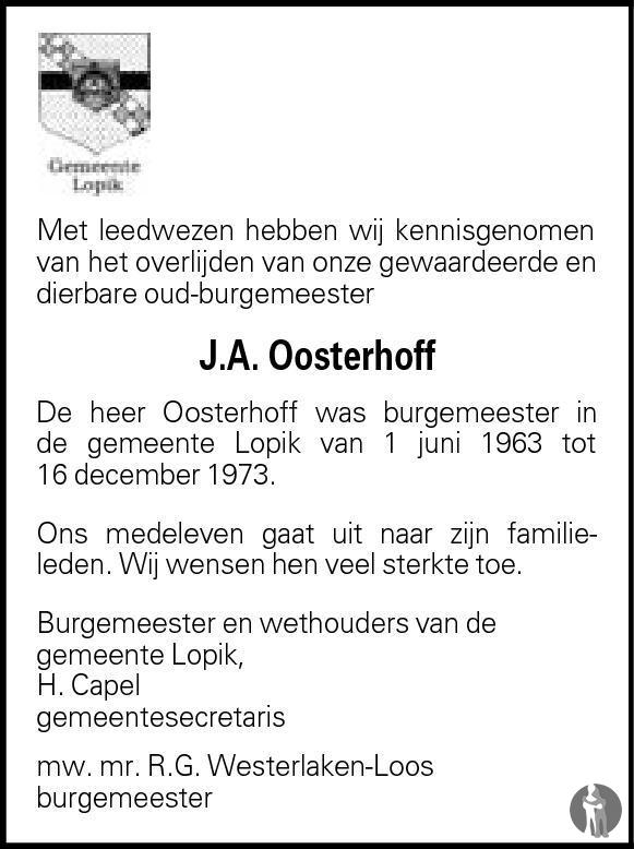 J. A. (Jan) Oosterhoff 15-12-2010 overlijdensbericht en condoleances ...