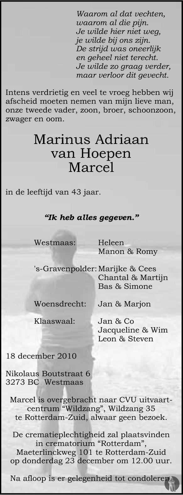 Marinus Adriaan (Marcel) van Hoepen 18-12-2010 overlijdensbericht en ...