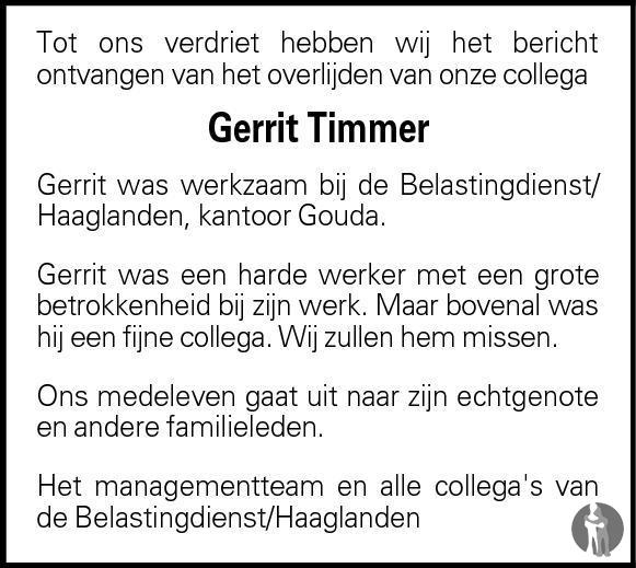 Gerrit Jan (Gerrit) Timmer 09-01-2011 overlijdensbericht en ...