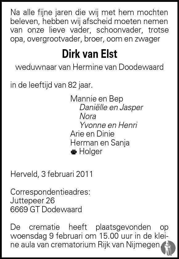 Dirk van Elst 03-02-2011 overlijdensbericht en condoleances - Mensenlinq.nl