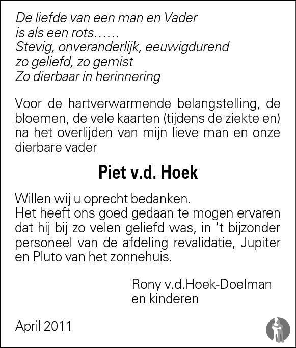 Piet van de Hoek 05-04-2011 overlijdensbericht en condoleances ...