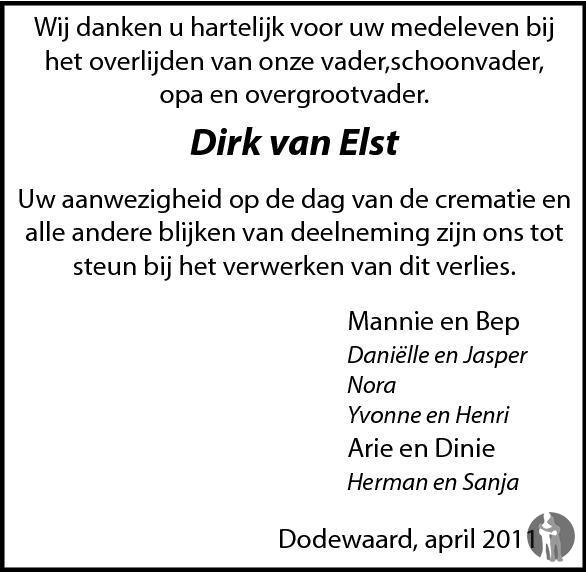 Dirk van Elst 03-02-2011 overlijdensbericht en condoleances - Mensenlinq.nl