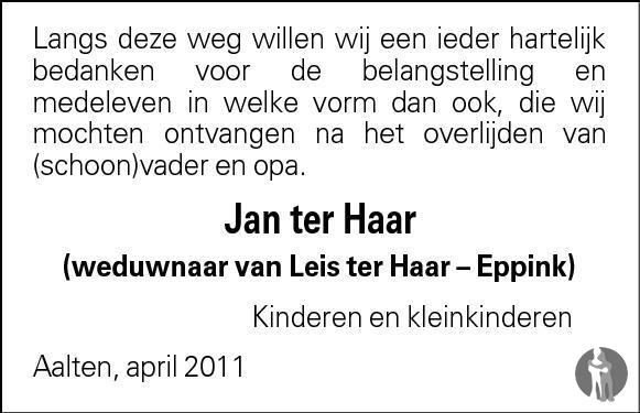 Jan ter Haar 21-02-2011 overlijdensbericht en condoleances - Mensenlinq.nl