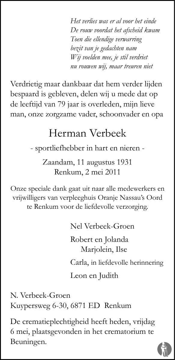 Herman Verbeek 02-05-2011 overlijdensbericht en condoleances ...