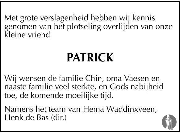 Patrick Chin 05-05-2011 overlijdensbericht en condoleances - Mensenlinq.nl