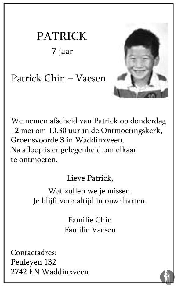 Patrick Chin 05-05-2011 overlijdensbericht en condoleances - Mensenlinq.nl