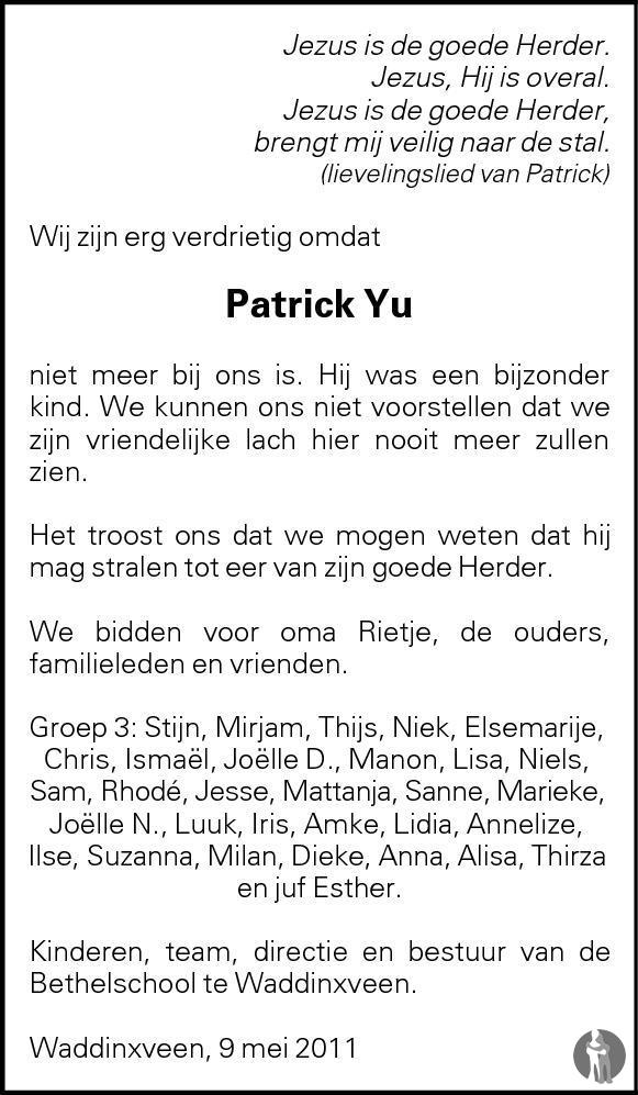 Patrick Chin 05-05-2011 overlijdensbericht en condoleances - Mensenlinq.nl