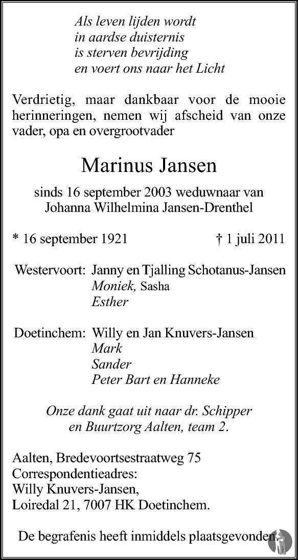 Marinus Jansen 01-07-2011 overlijdensbericht en condoleances ...