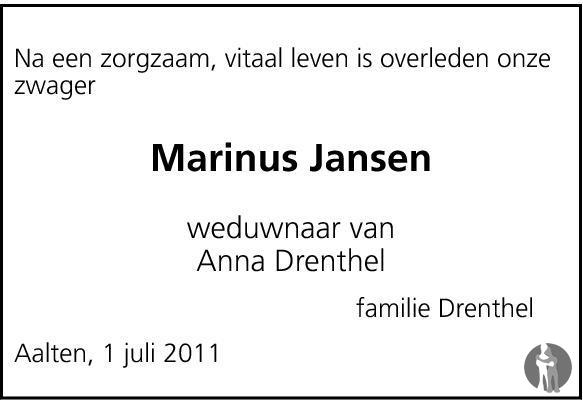 Marinus Jansen 01-07-2011 overlijdensbericht en condoleances ...