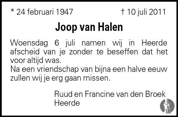 Johan (Joop) van Halen 10-07-2011 overlijdensbericht en condoleances ...