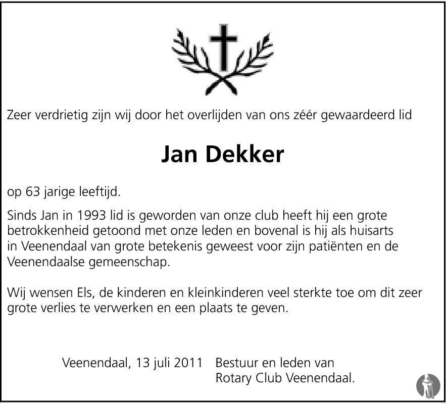 Jan Dekker 13-07-2011 overlijdensbericht en condoleances - Mensenlinq.nl