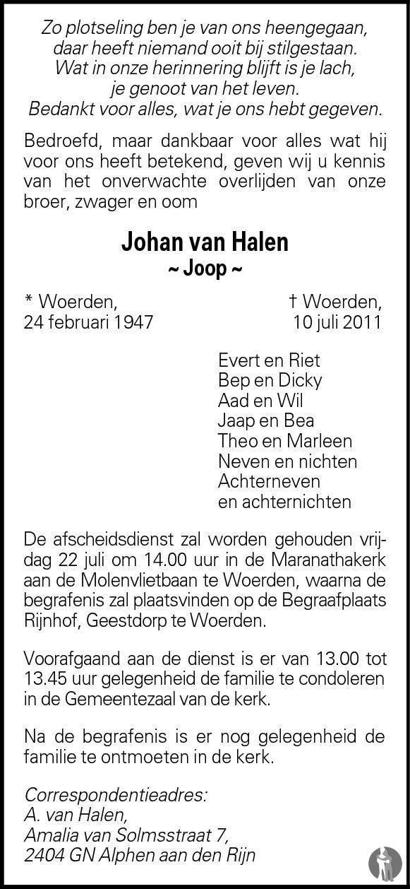 Johan (Joop) van Halen 10-07-2011 overlijdensbericht en condoleances ...