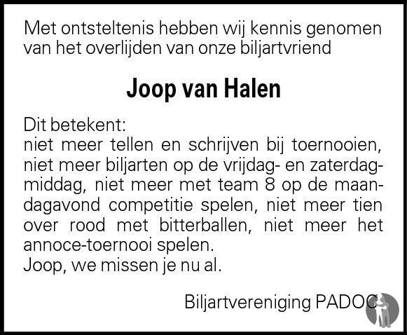 Johan (Joop) van Halen 10-07-2011 overlijdensbericht en condoleances ...