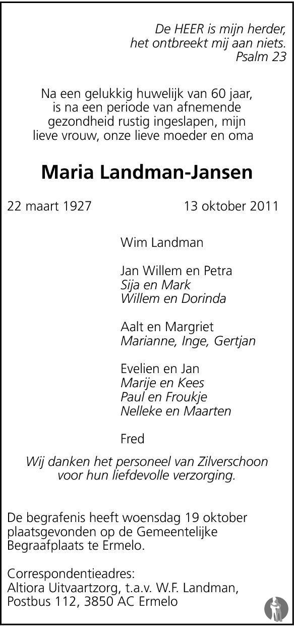 Maria Landman - Jansen 13-10-2011 overlijdensbericht en condoleances ...