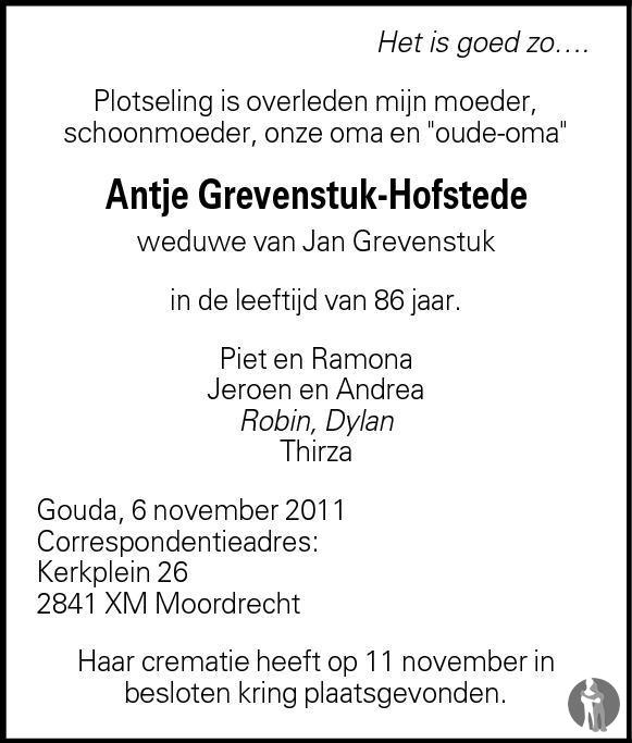 Antje Grevenstuk - Hofstede 06-11-2011 overlijdensbericht en ...