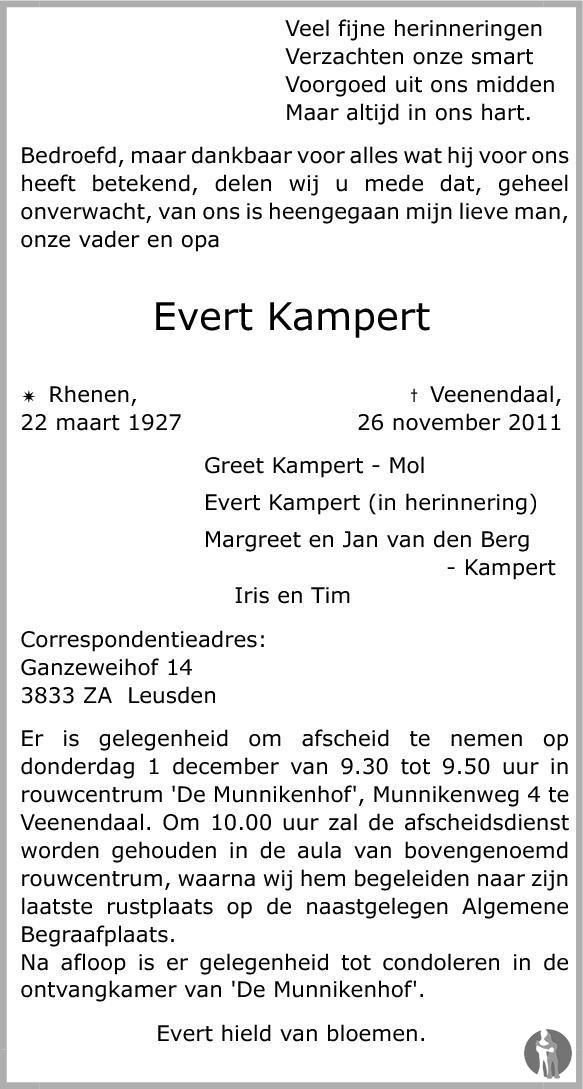 Evert Kampert 26-11-2011 overlijdensbericht en condoleances - Mensenlinq.nl