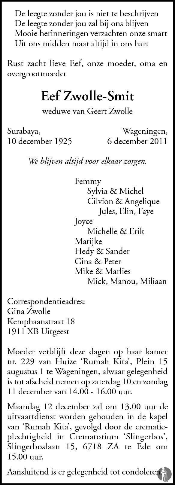 Eef Zwolle - Smit 06-12-2011 overlijdensbericht en condoleances ...