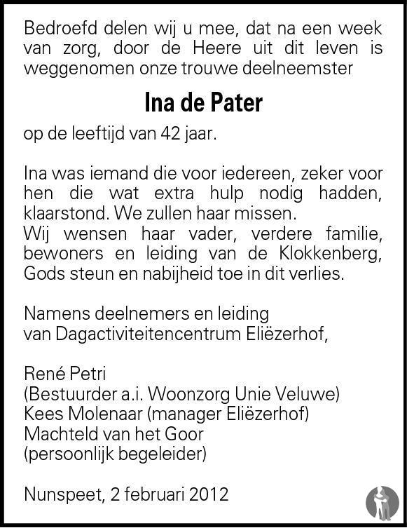 Ina de Pater 06-02-2012 overlijdensbericht en condoleances - Mensenlinq.nl