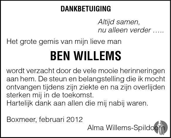 Ben Willems 11-01-2012 overlijdensbericht en condoleances - Mensenlinq.nl