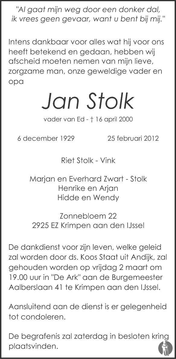 Jan Stolk 25-02-2012 overlijdensbericht en condoleances - Mensenlinq.nl