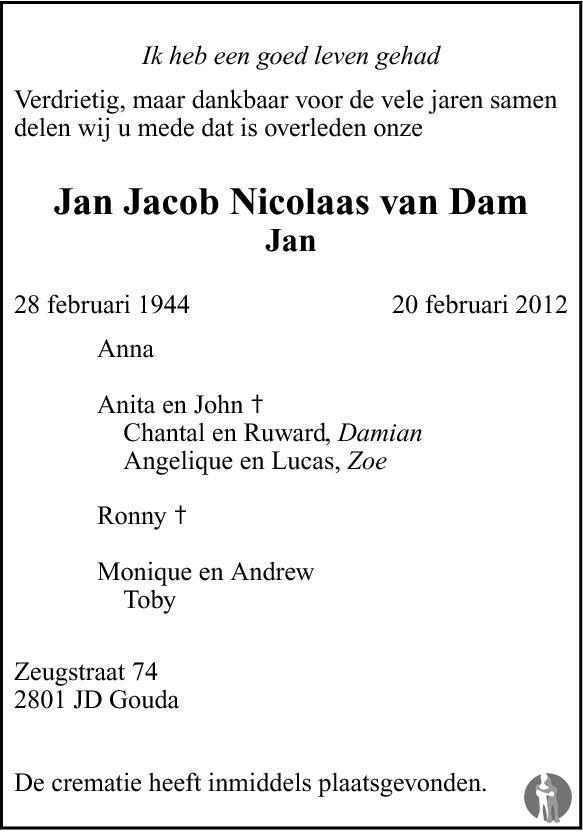 Jan Jacob Nicolaas (Jan) van Dam 20-02-2012 overlijdensbericht en ...