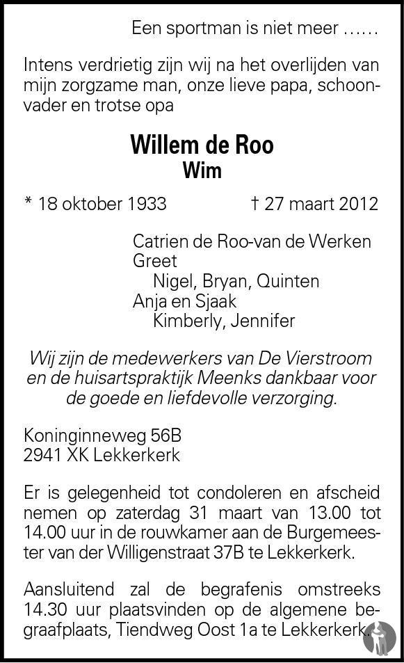 Willem (Wim) de Roo 27-03-2012 overlijdensbericht en condoleances ...