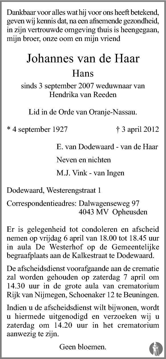 Johannes (Hans) van de Haar 03-04-2012 overlijdensbericht en ...