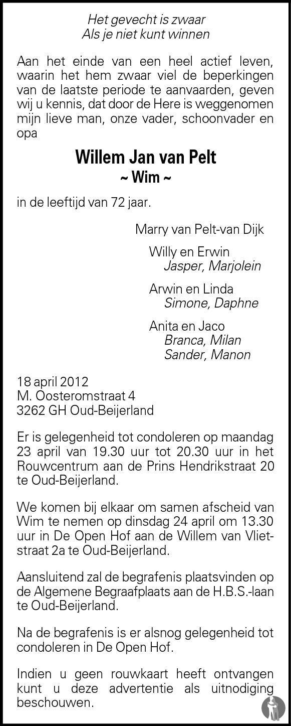 Willem Jan (Wim) van Pelt 18-04-2012 overlijdensbericht en condoleances ...