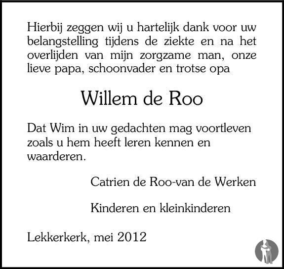 Willem (Wim) de Roo 27-03-2012 overlijdensbericht en condoleances ...