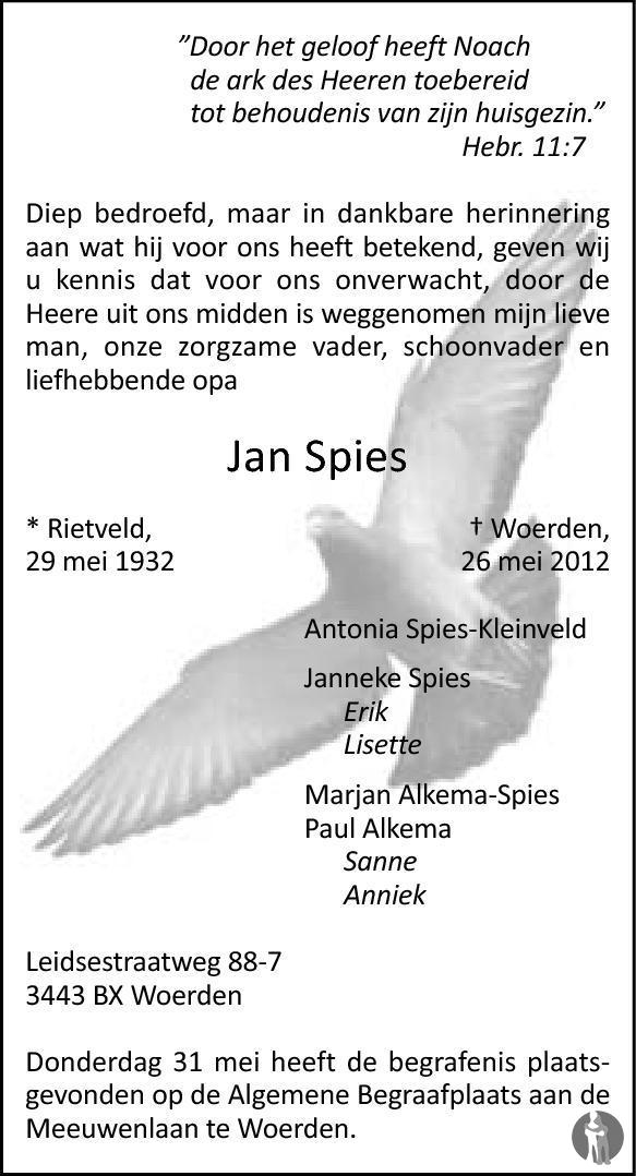 Jan Spies 26-05-2012 overlijdensbericht en condoleances - Mensenlinq.nl