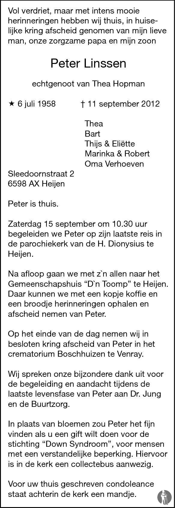 Peter Linssen 11-09-2012 overlijdensbericht en condoleances - Mensenlinq.nl
