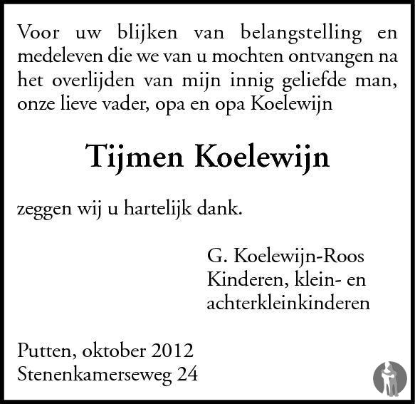 Tijmen Koelewijn 11-08-2012 overlijdensbericht en condoleances ...