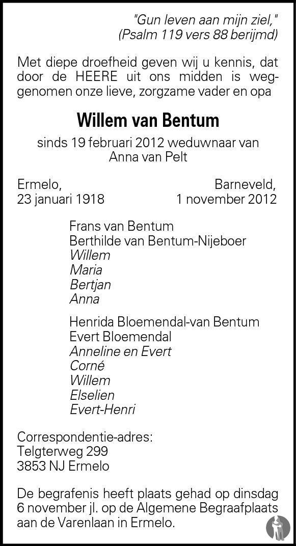Willem van Bentum 01-11-2012 overlijdensbericht en condoleances ...