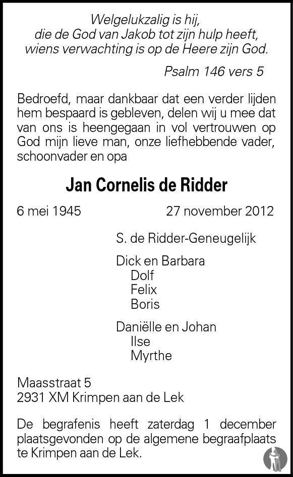 Jan Cornelis de Ridder 27-11-2012 overlijdensbericht en condoleances ...