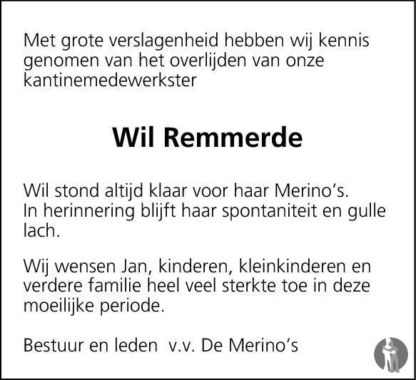 Willemina (Wil) Remmerde - Hardeman 23-12-2012 overlijdensbericht en ...