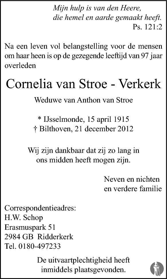 Cornelia van Stroe - Verkerk 21-12-2012 overlijdensbericht en ...
